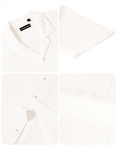 Alimens & Gentle Men's Seersucker Hawaiian Shirts Casual Short Sleeve Button Down Shirt for Men Summer Beach Shirt(White, Large)