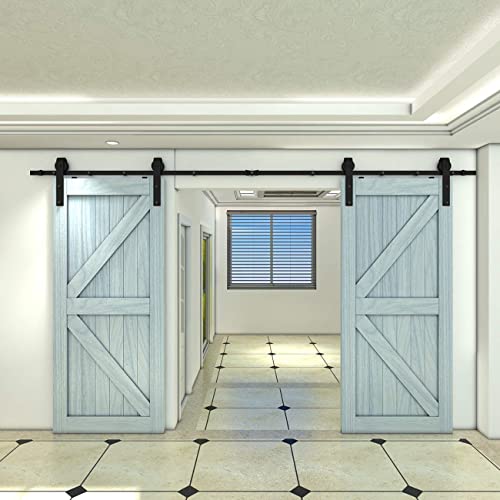 YIGOLD 12ft Sliding Barn Door Hardware Kit,Hardware for Barn Doors Antique Style,Slide Smoothly Quietly,Factory Outlet Upgraded Version Quality Carbon Steel-(J Shape Hanger,Double Door;Black)