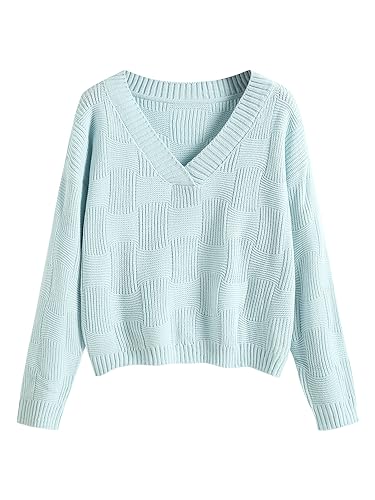 ZAFUL Oversized Sweaters for Women Sexy V Neck Long Sleeve Knit Sweater Loose Batwing Jumper Pullover Tops Blue S