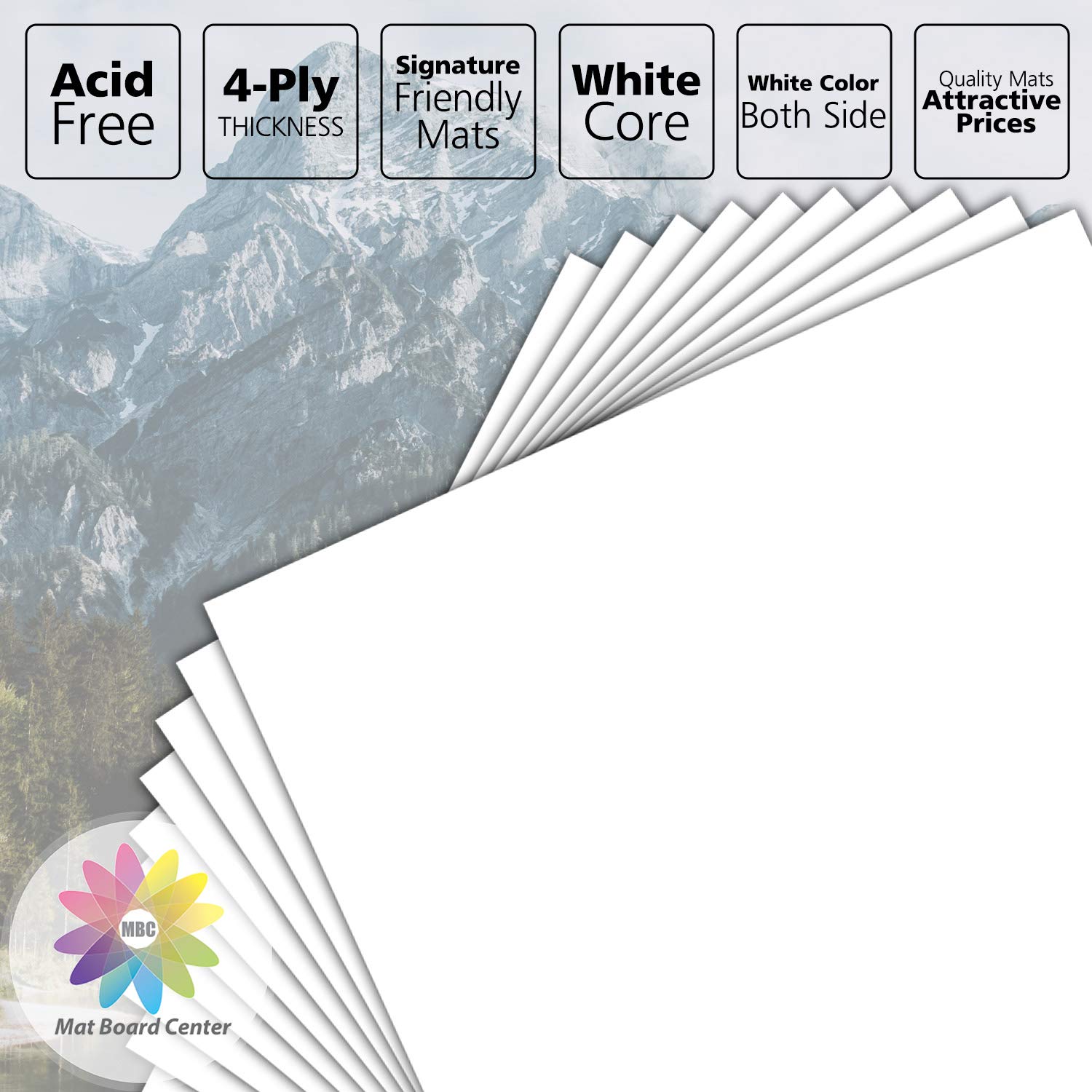 Mat Board Center, Pack of 10 8x10 White Uncut Mat Boards, Acid Free, 4-Ply Thickness, White Core, Great for Pictures, Photos, Framing Backing