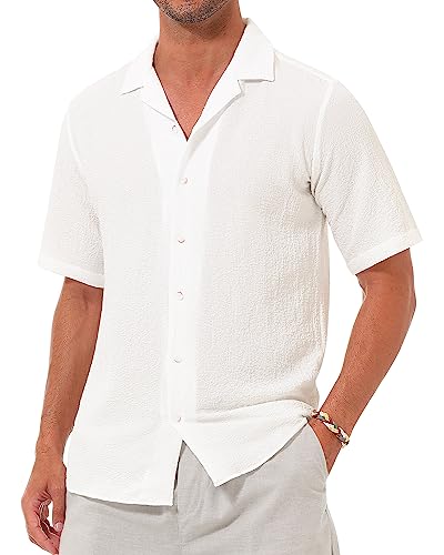 Alimens & Gentle Men's Seersucker Hawaiian Shirts Casual Short Sleeve Button Down Shirt for Men Summer Beach Shirt(White, Large)