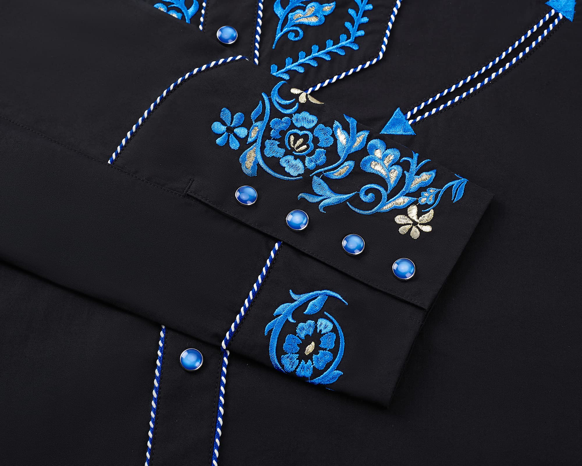 SALVAJE OESTE Western Embroidered Cowboy Shirts for Men, Casual Button Down Long Sleeve Shirt Floral Design Retro Shirt Black-Royal Blue