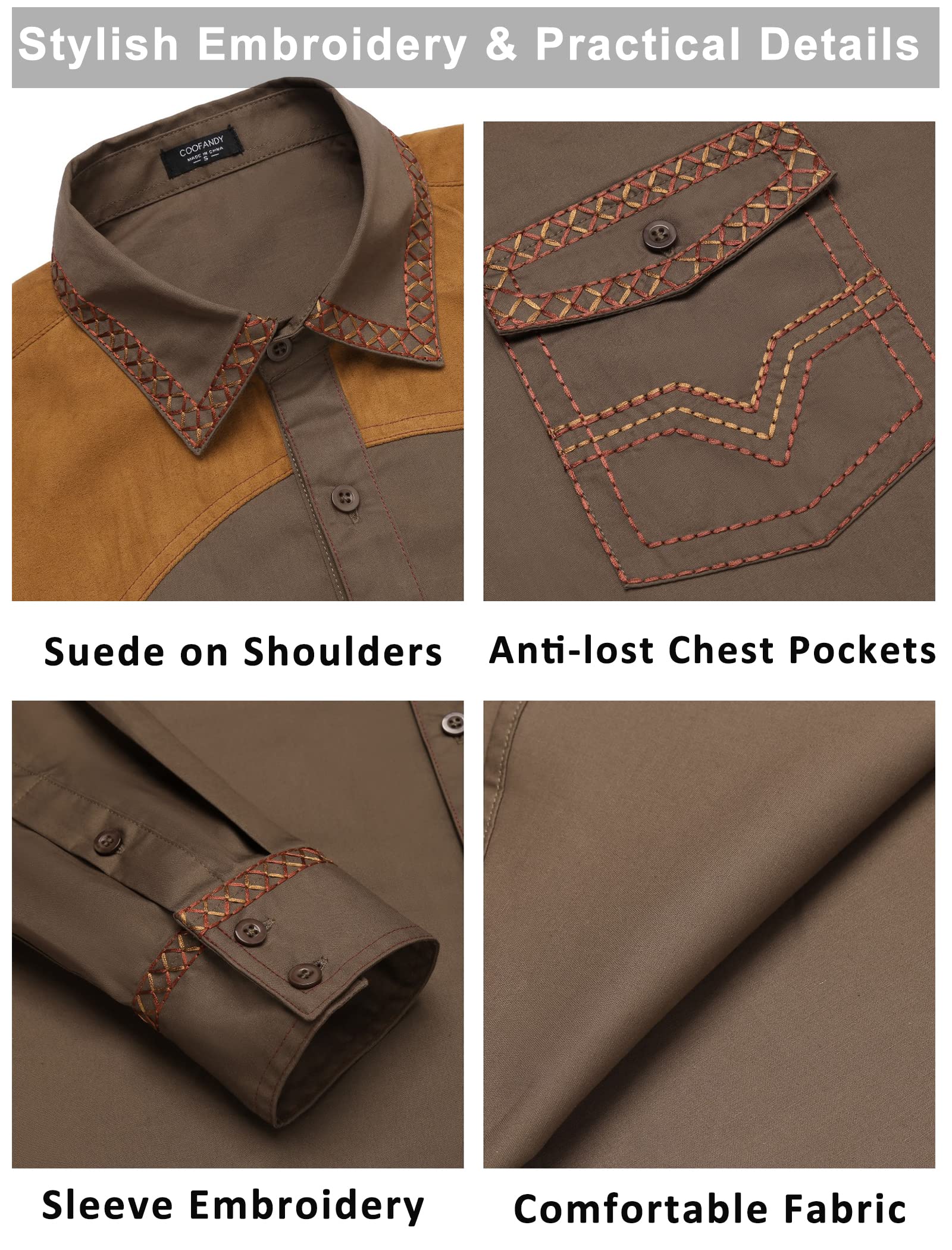 COOFANDY Mens Shirt Western Cowboy Embroidered Long Sleeve Slim Fit Casual Cotton Button Down Hippie with Pockets, Khaki, X-Large, Long Sleeve