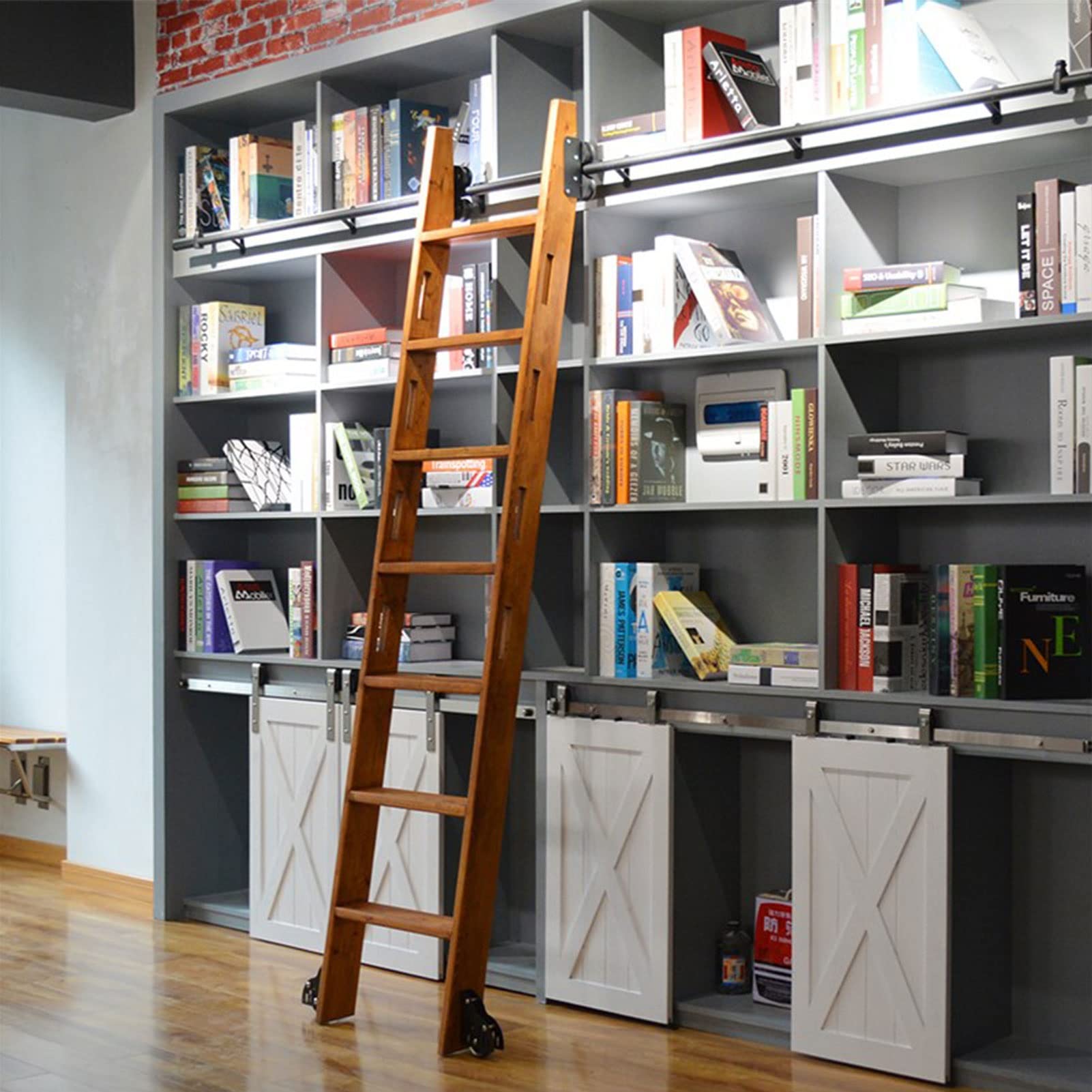 Sliding Library Ladder Hardware (No Ladder) Sliding Hardware Rustic Black Rolling Library Track (No Ladder) Kit, with Floor Roller Wheels, Sliding Barn Door Kit 3.3ft-20ft, Round Tube Mobile Ladder Tr