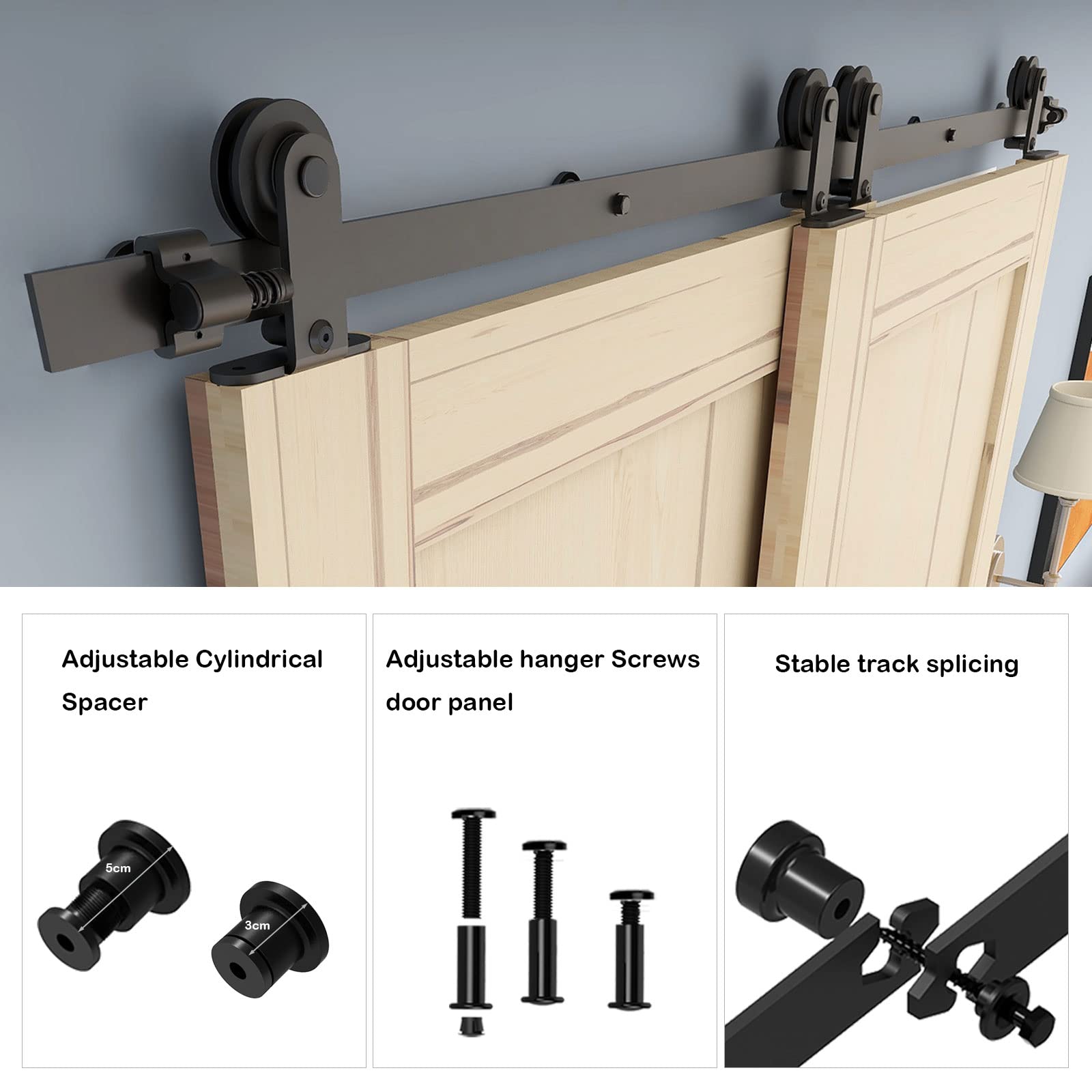 LQKUMJG 6.6FT Bypass Sliding Barn Door Hardware Kit Upgraded Heavy Duty Single Track for Double Doors, Fit 1 3/16" - 1 9/16" Thickness Door Panel, Black (T-Shaped Hanger)