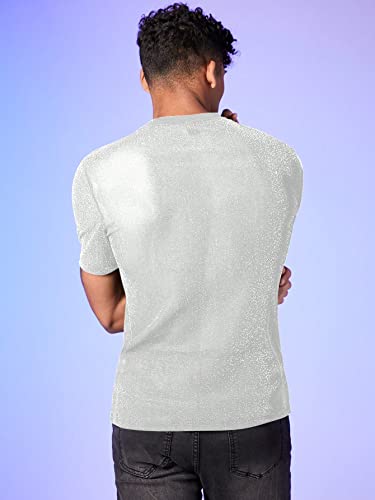 WDIRARA Men's See Through Short Sleeve Round Neck Sheer T Shirt Party Clubwear Top White M
