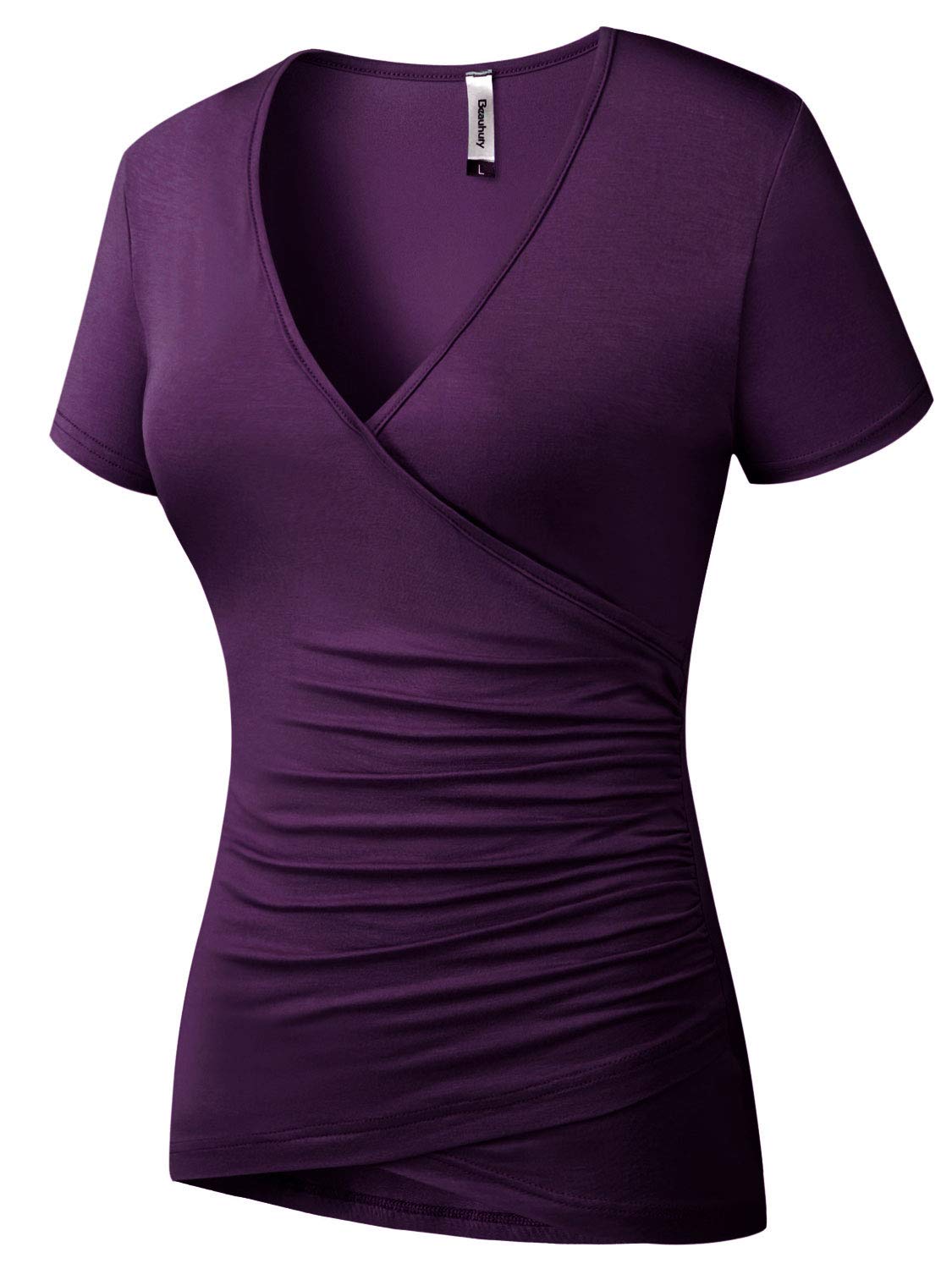 Beauhuty Women's Plus Size Tops Sexy Deep V Neck Sexy Low Cut Front Surplice Wrap Short Sleeve Fitted Tees (XXL, Short-Purple)