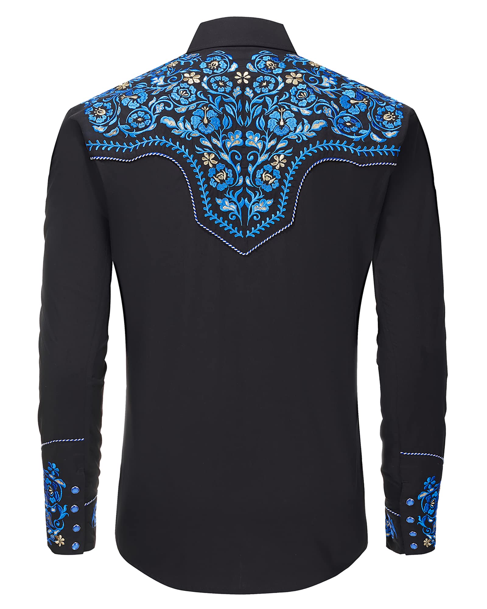 SALVAJE OESTE Western Embroidered Cowboy Shirts for Men, Casual Button Down Long Sleeve Shirt Floral Design Retro Shirt Black-Royal Blue