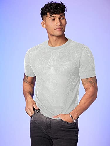 WDIRARA Men's See Through Short Sleeve Round Neck Sheer T Shirt Party Clubwear Top White M