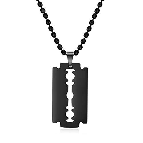 COMTRUDE Punk Rock Razor Necklace for Men Stainless Steel Razor Blade Model Personalized Dog Tag Chain Necklace (black)