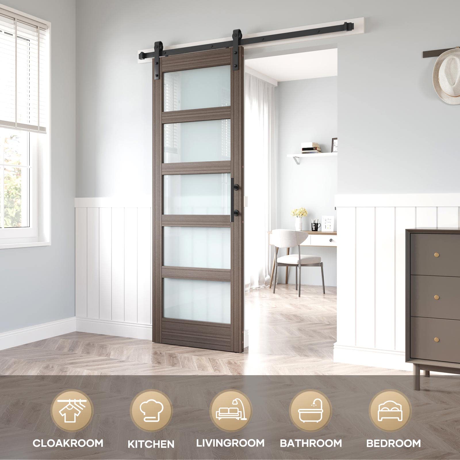ROYMELO 30x84 Inch Glass Sliding Barn Door Slab and 5.5ft Hardware Kit Included, 5 Frosted Glass, LVL Wood Panel Covered with Elephant Gray Water-Proof Scratch-Proof PVC Surface, Simple DIY Assembly