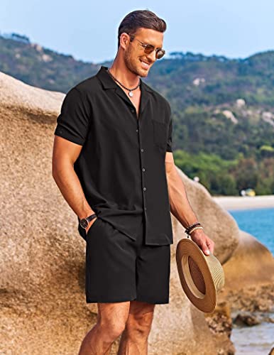 COOFANDY Men's 2 Pieces Shirt Set Short Sleeve Button Down Casual Hippie Holiday Beach T-Shirts Shorts Outfits (Black, Large)