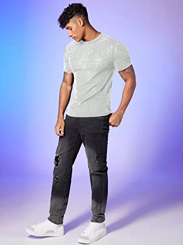 WDIRARA Men's See Through Short Sleeve Round Neck Sheer T Shirt Party Clubwear Top White M