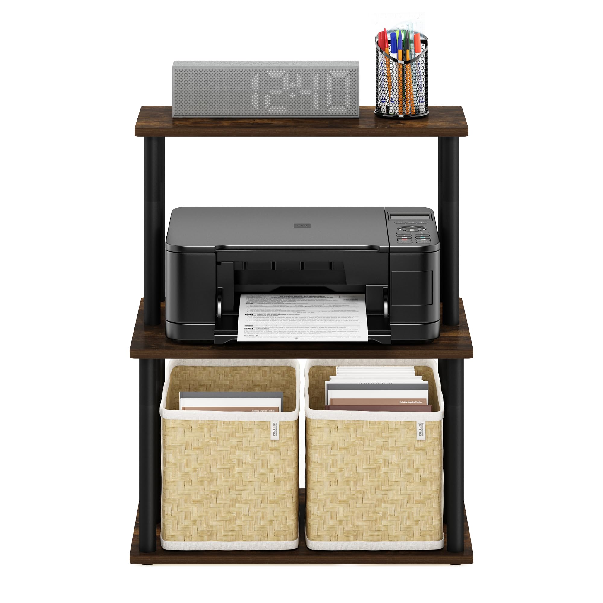 Furinno Turn-N-Tube 3-Tier Toolless Multipurpose Printer Stand Display Storage Shelf, Amber Pine/Black