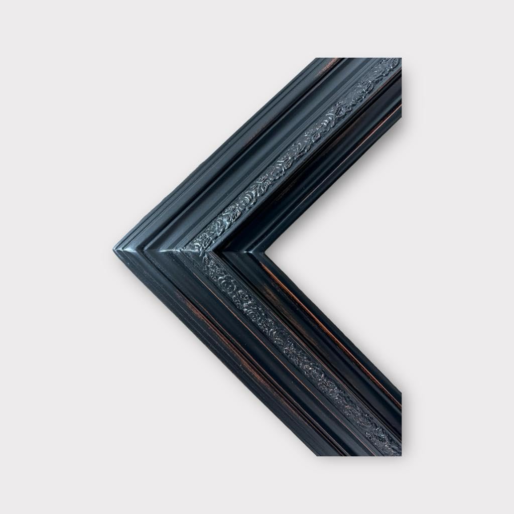 Traditional wood picture frame, handmade, custom made, handpainted, Distressed Black (18 X 24 W/PLEXIGLASS AND BACKING)