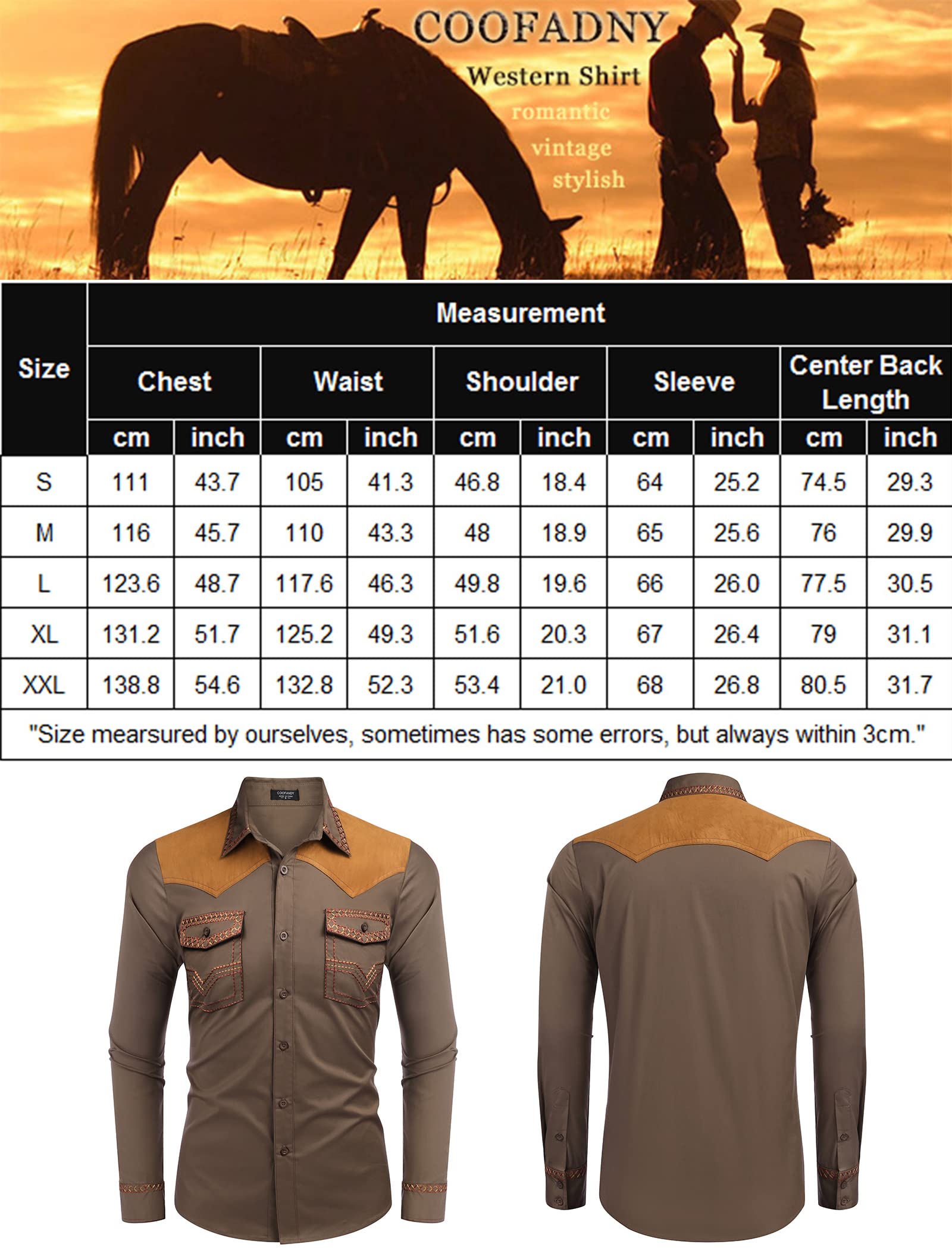 COOFANDY Mens Shirt Western Cowboy Embroidered Long Sleeve Slim Fit Casual Cotton Button Down Hippie with Pockets, Khaki, X-Large, Long Sleeve