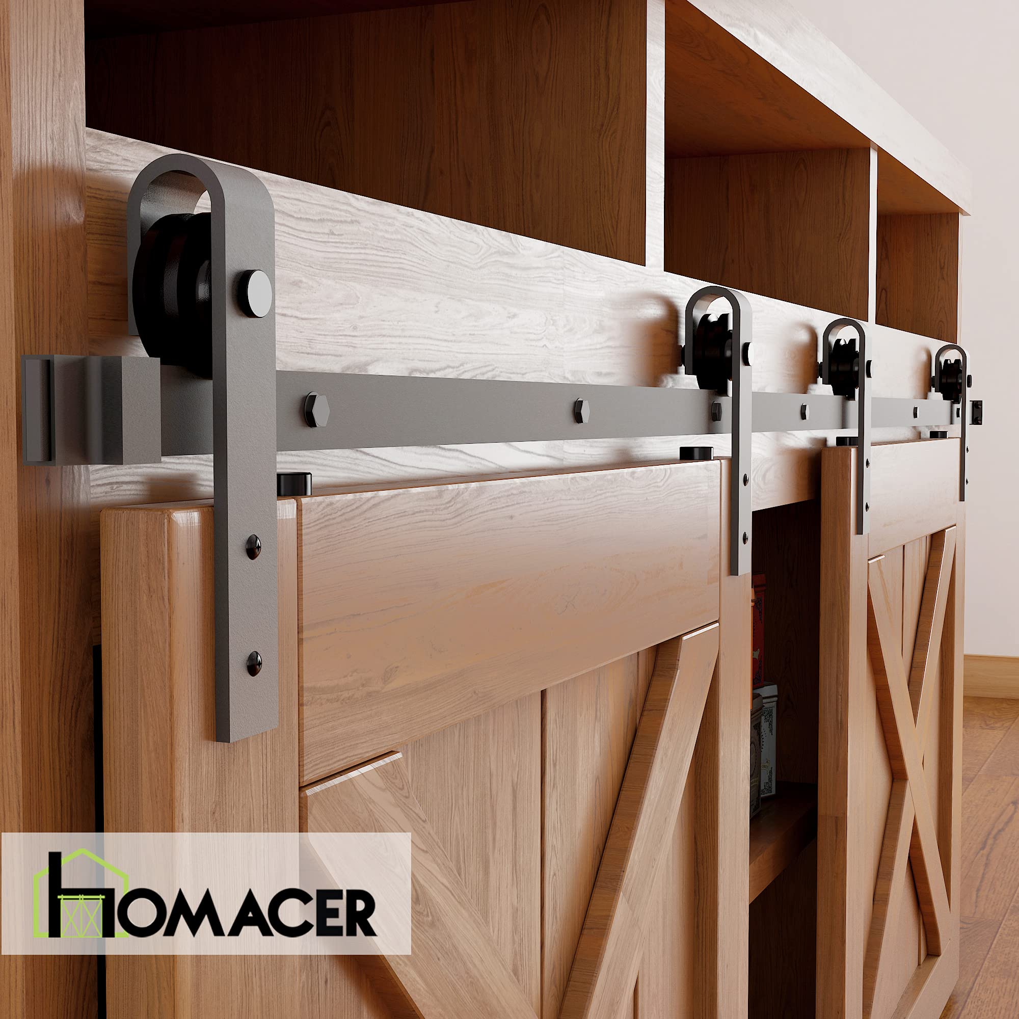 Homacer Mini Black Rustic Non-Bypass Sliding Barn Door Hardware Kit, for Two/Double Doors, 120-inch Long Flat Track, Classic Design Roller, Cabinet TV Stand Console Use…