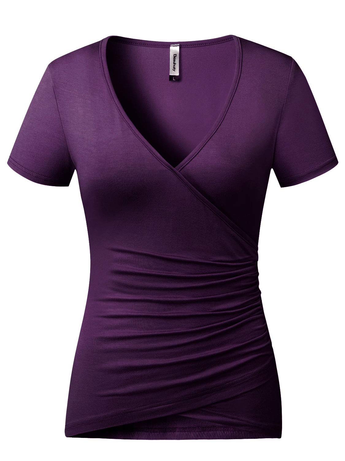 Beauhuty Women's Plus Size Tops Sexy Deep V Neck Sexy Low Cut Front Surplice Wrap Short Sleeve Fitted Tees (XXL, Short-Purple)