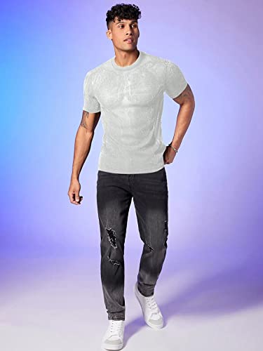 WDIRARA Men's See Through Short Sleeve Round Neck Sheer T Shirt Party Clubwear Top White M