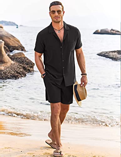 COOFANDY Men's 2 Pieces Shirt Set Short Sleeve Button Down Casual Hippie Holiday Beach T-Shirts Shorts Outfits (Black, Large)