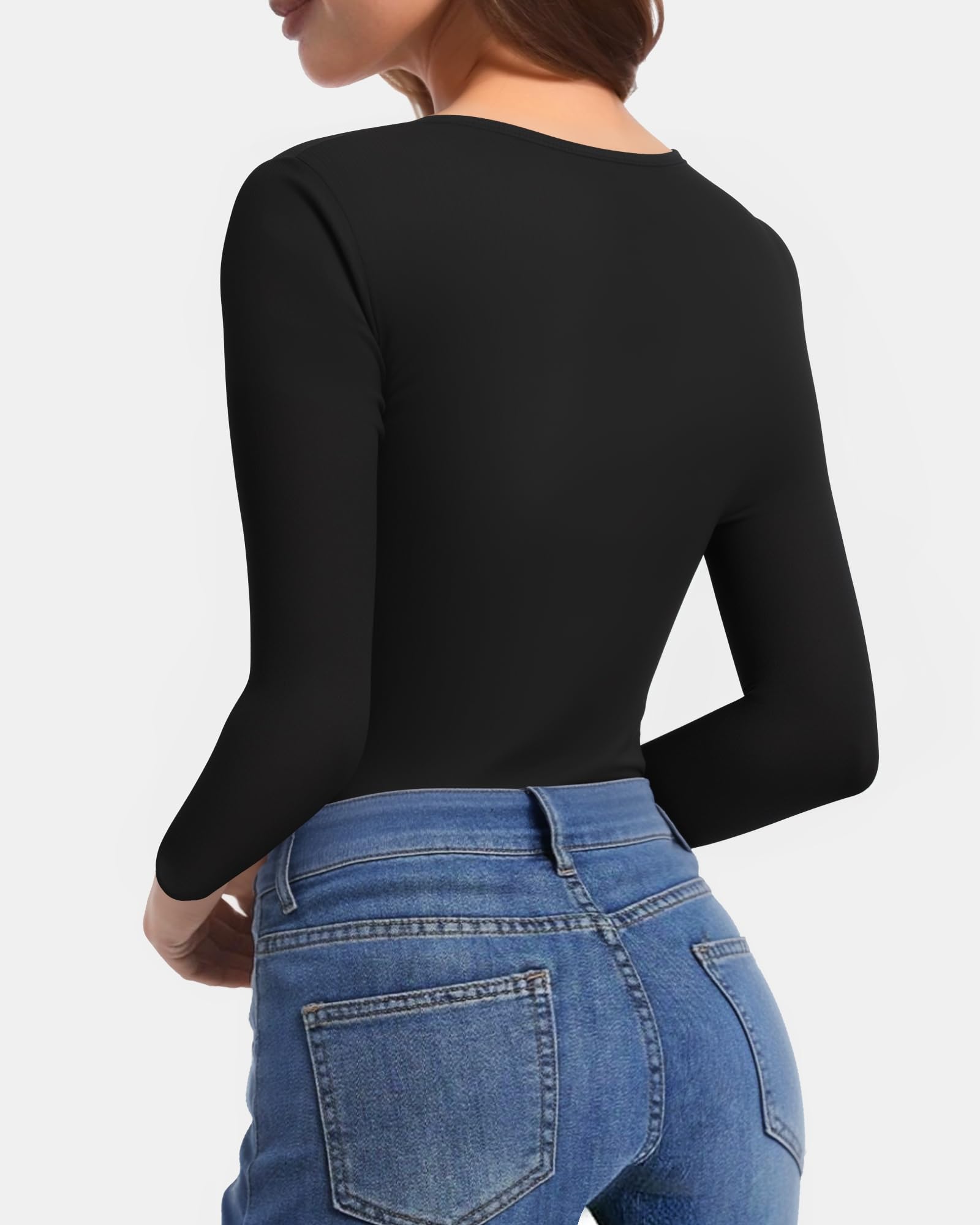 CLOZOZ Long Sleeve Shirts for Women Sexy V Neck Tops Fitted Tight T Shirts Basic Tee Black