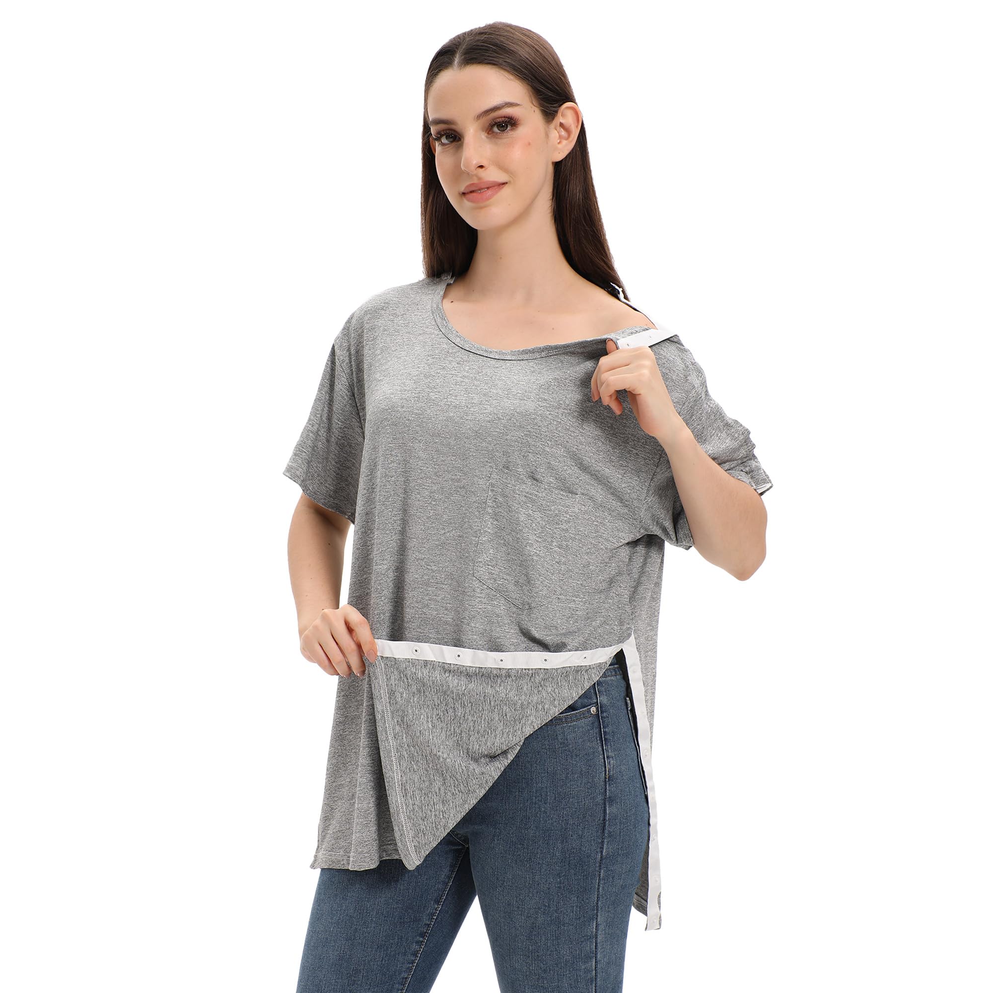 Unisex Post Shoulder Surgery Shirts for Men Rotator Cuff Chest Recovery Shirt Women Full Snap Access Dialysis Chemo Clothing X-Large Grey