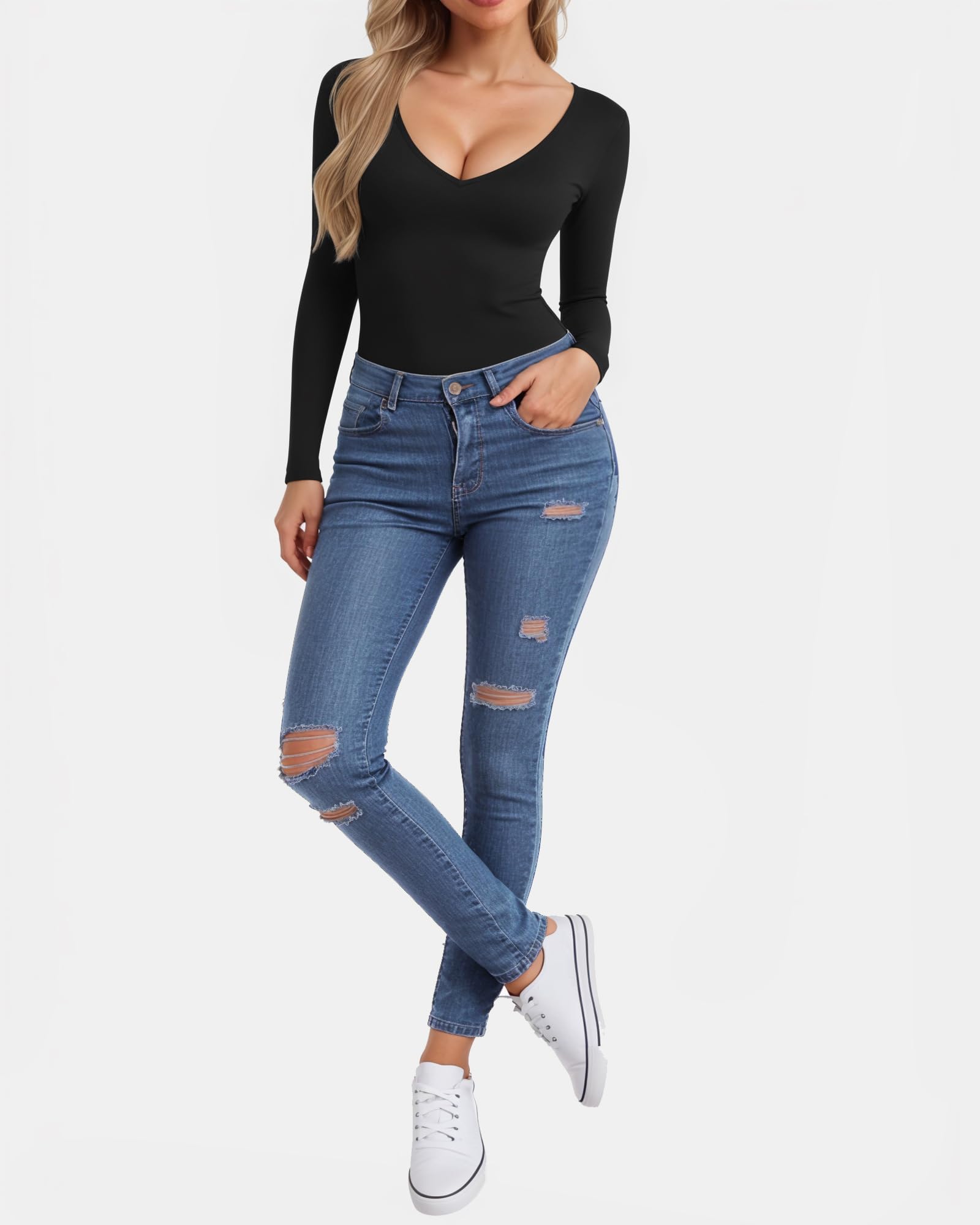 CLOZOZ Long Sleeve Shirts for Women Sexy V Neck Tops Fitted Tight T Shirts Basic Tee Black