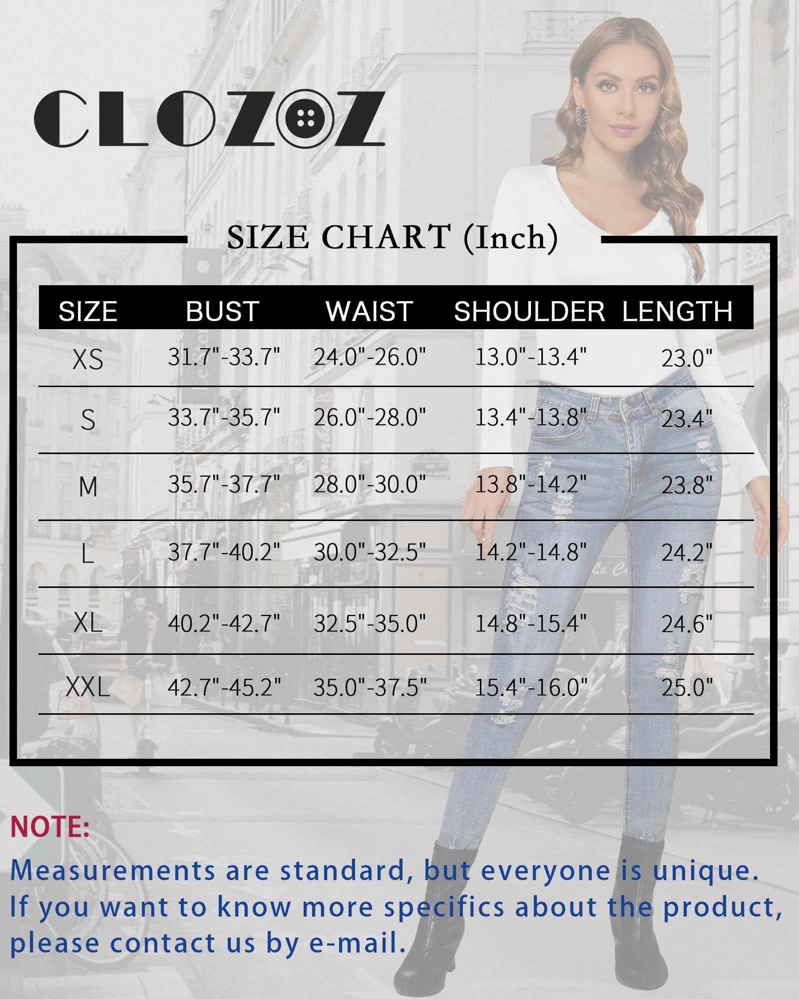 CLOZOZ Long Sleeve Shirts for Women Sexy V Neck Tops Fitted Tight T Shirts Basic Tee Black