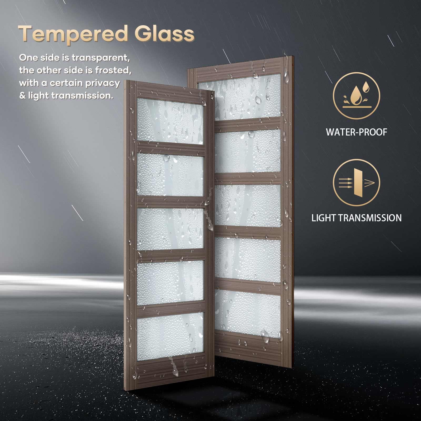 ROYMELO 30x84 Inch Glass Sliding Barn Door Slab and 5.5ft Hardware Kit Included, 5 Frosted Glass, LVL Wood Panel Covered with Elephant Gray Water-Proof Scratch-Proof PVC Surface, Simple DIY Assembly