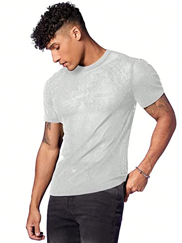 WDIRARA Men's See Through Short Sleeve Round Neck Sheer T Shirt Party Clubwear Top White M