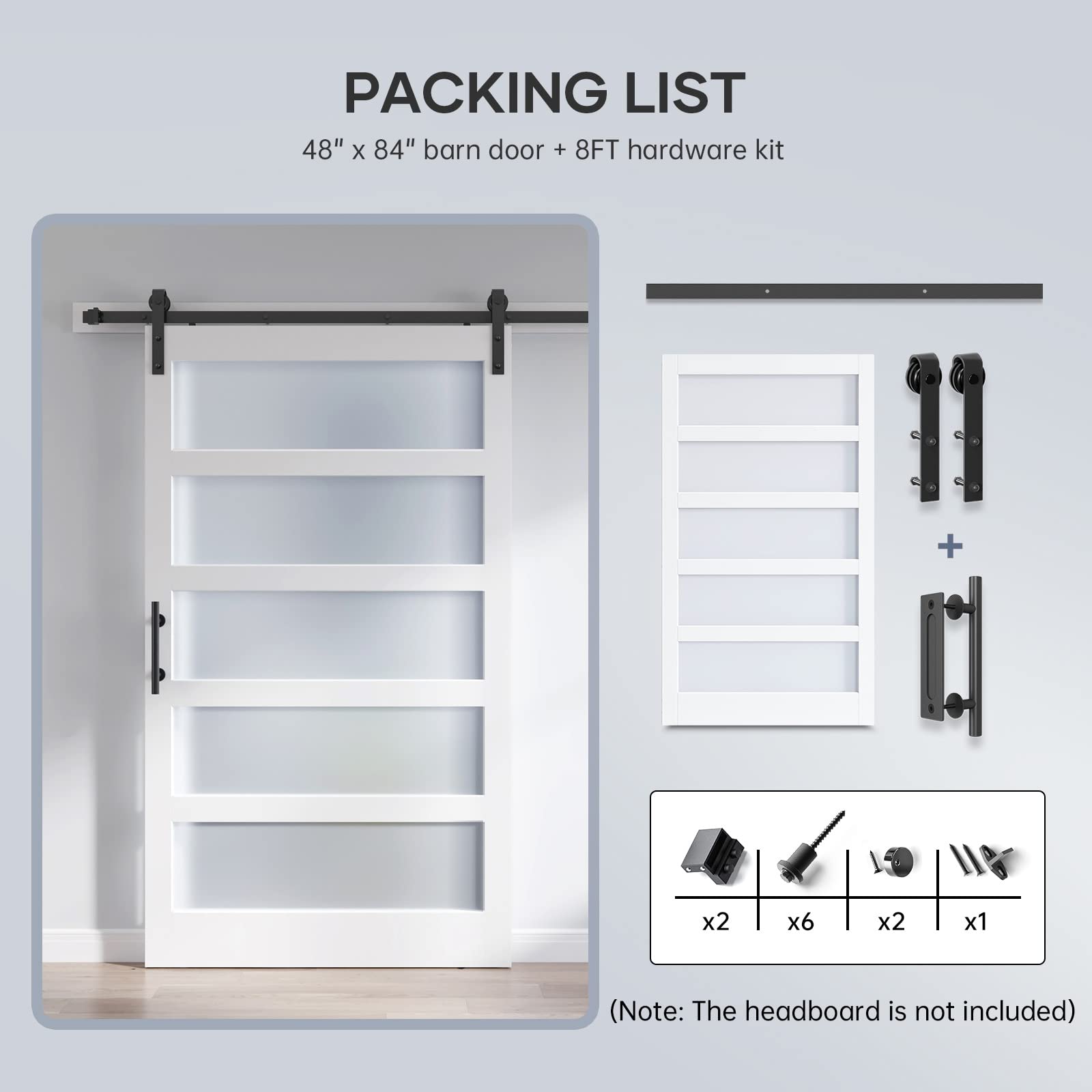 ROYMELO 48x84 Inch Glass Sliding Barn Door Slab and 8ft Hardware Kit Included, 5 Frosted Glass, LVL Wood Panel Covered with White Water-Proof Scratch-Proof PVC Surface, Simple DIY Assembly