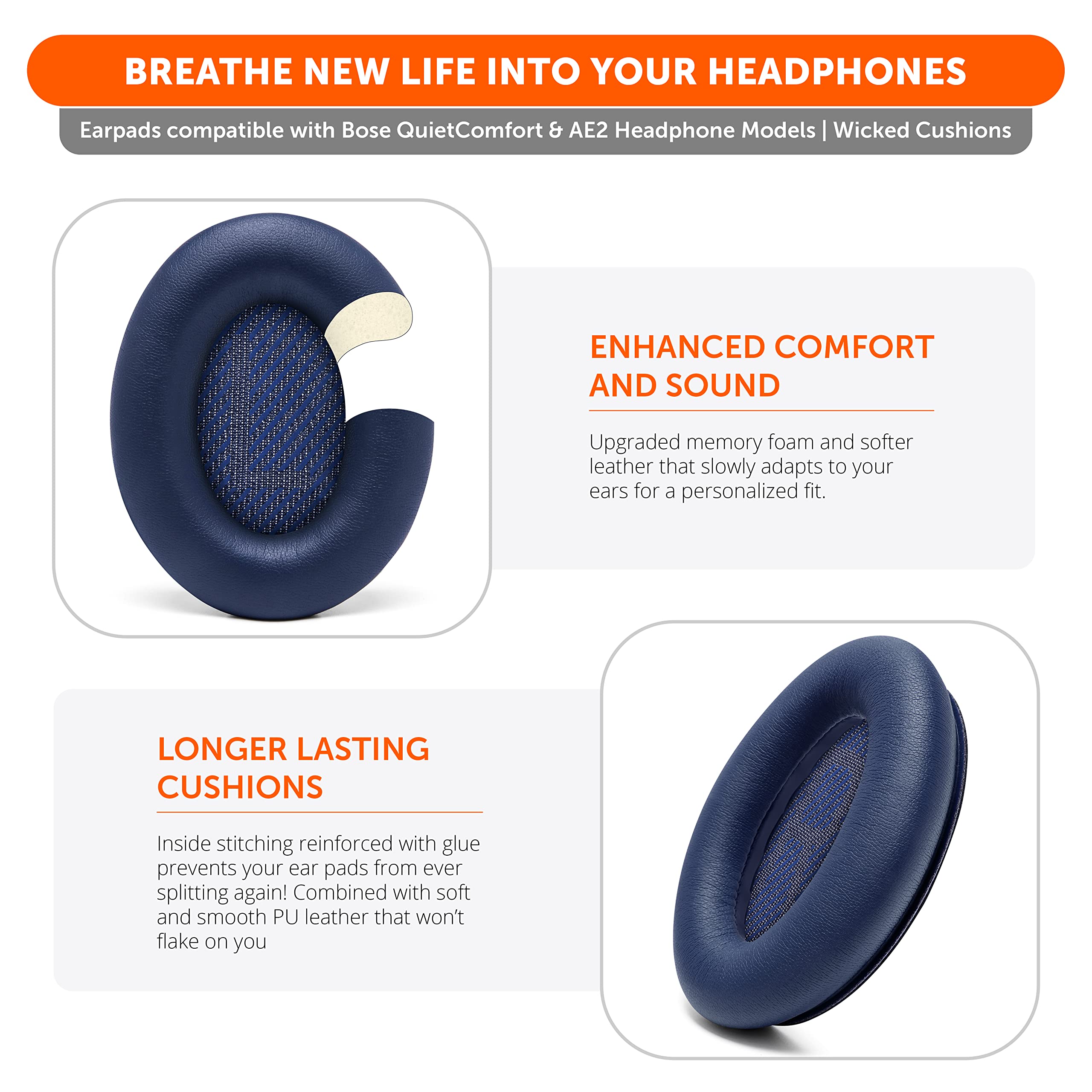 WC Wicked Cushions Upgraded Replacement Ear Pads for Bose QC35 & QC35ii (QuietComfort 35) Headphones & More - Softer Leather, Luxurious Memory Foam, Added Thickness, Extra Durability | Midnight Blue