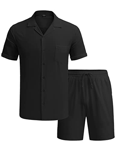 COOFANDY Men's 2 Pieces Shirt Set Short Sleeve Button Down Casual Hippie Holiday Beach T-Shirts Shorts Outfits (Black, Large)