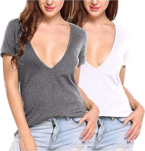 Beyove Women's Classic-Fit Short-Sleeve V-Neck T-Shirt, Multipacks White Grey