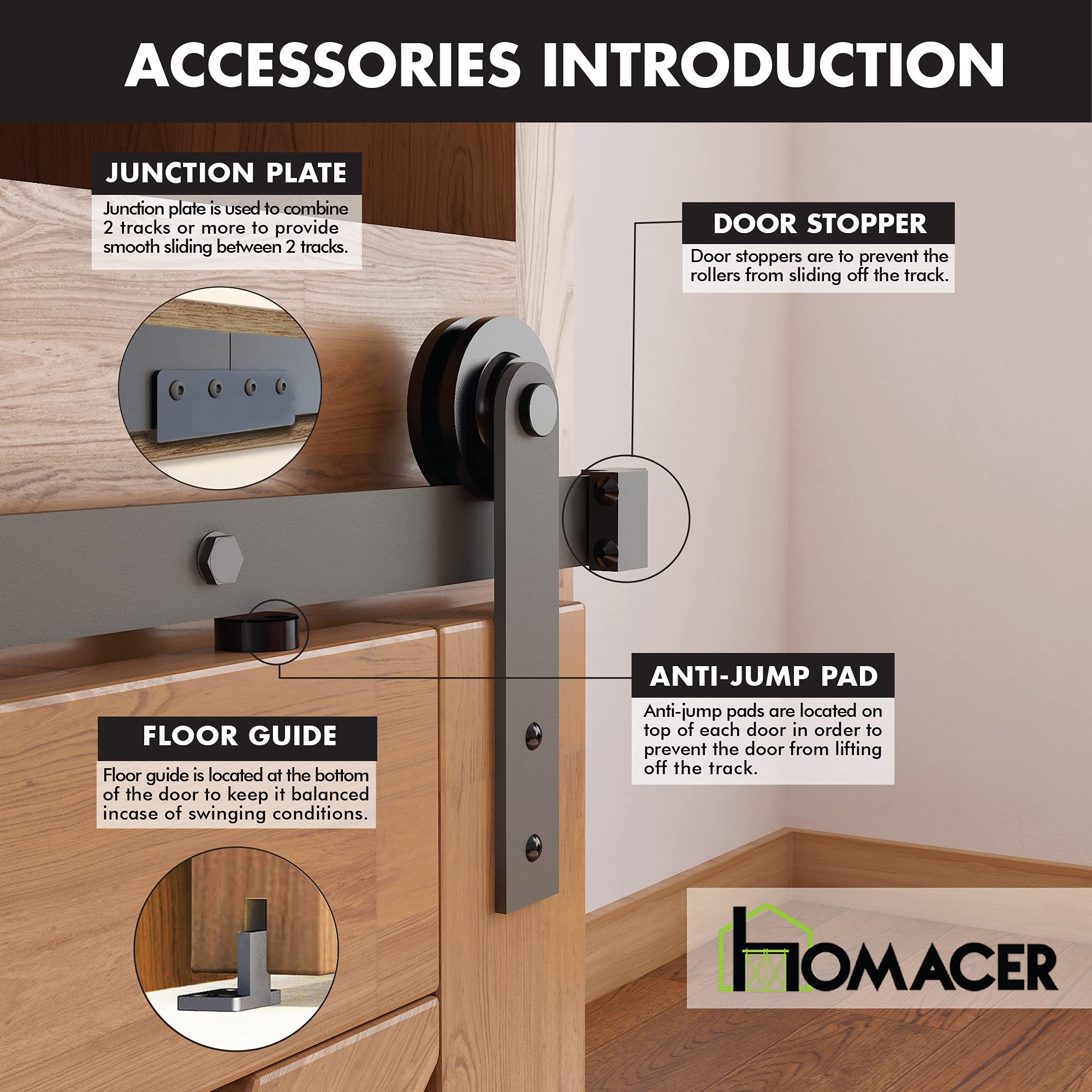 Homacer Mini Black Rustic Non-Bypass Sliding Barn Door Hardware Kit, for Two/Double Doors, 54-inch Long Flat Track, Straight Design Roller, Cabinet TV Stand Console Use…