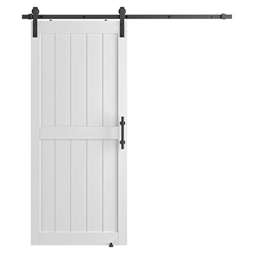 YiHICO 32 x 84in Solid MDF Barn Door(Predrilled & Unassembled Door Panels), with Whole 6ft Sliding Door Hardware Kit, 12in Handle Kit and 2 Floor Guides, PVC Waterproof Coating - White - H Frame