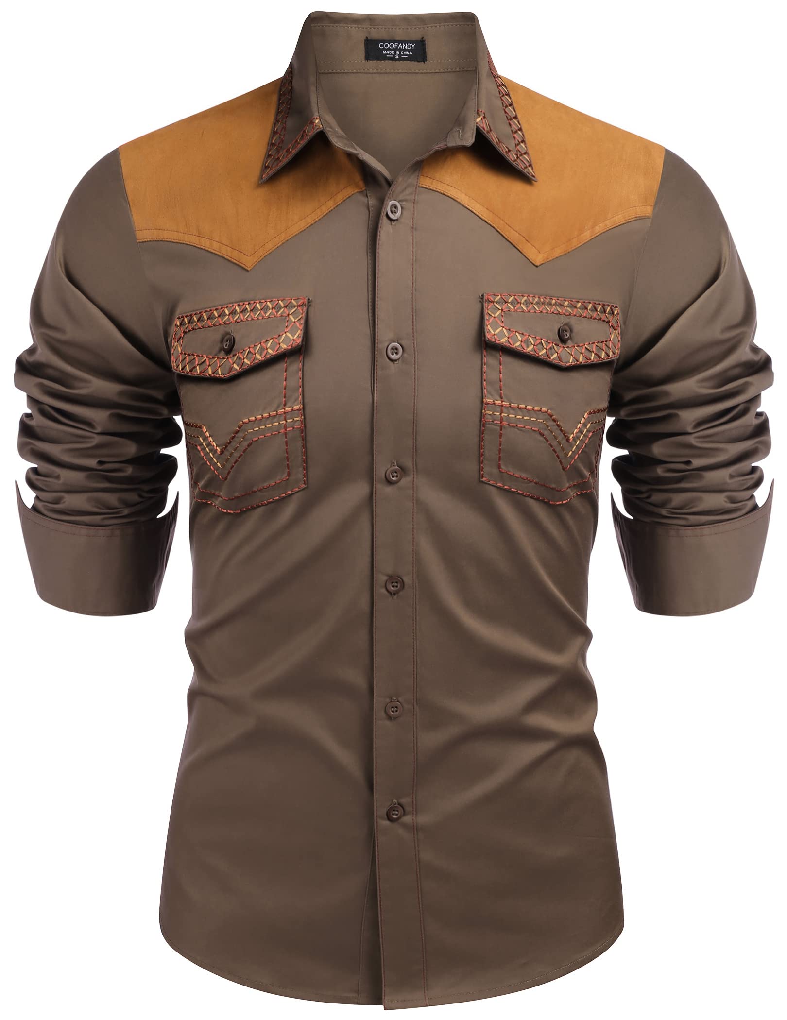 COOFANDY Mens Shirt Western Cowboy Embroidered Long Sleeve Slim Fit Casual Cotton Button Down Hippie with Pockets, Khaki, X-Large, Long Sleeve