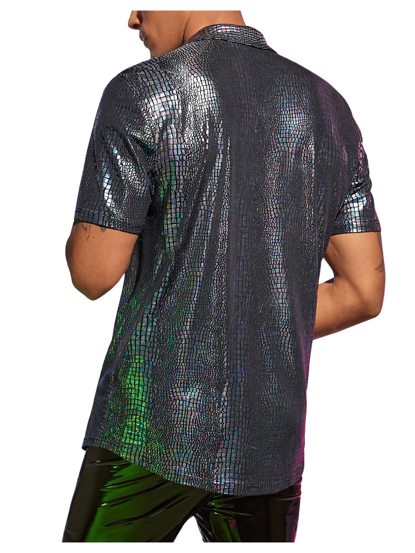 WDIRARA Men's 70s Sparkly Disco Top Crocodile Pattern Metallic Rave Button Front Shirt Short Sleeve Party T Shirt