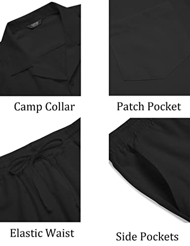 COOFANDY Men's 2 Pieces Shirt Set Short Sleeve Button Down Casual Hippie Holiday Beach T-Shirts Shorts Outfits (Black, Large)