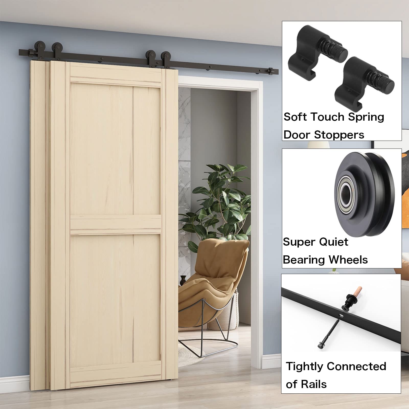 LQKUMJG 6.6FT Bypass Sliding Barn Door Hardware Kit Upgraded Heavy Duty Single Track for Double Doors, Fit 1 3/16" - 1 9/16" Thickness Door Panel, Black (T-Shaped Hanger)