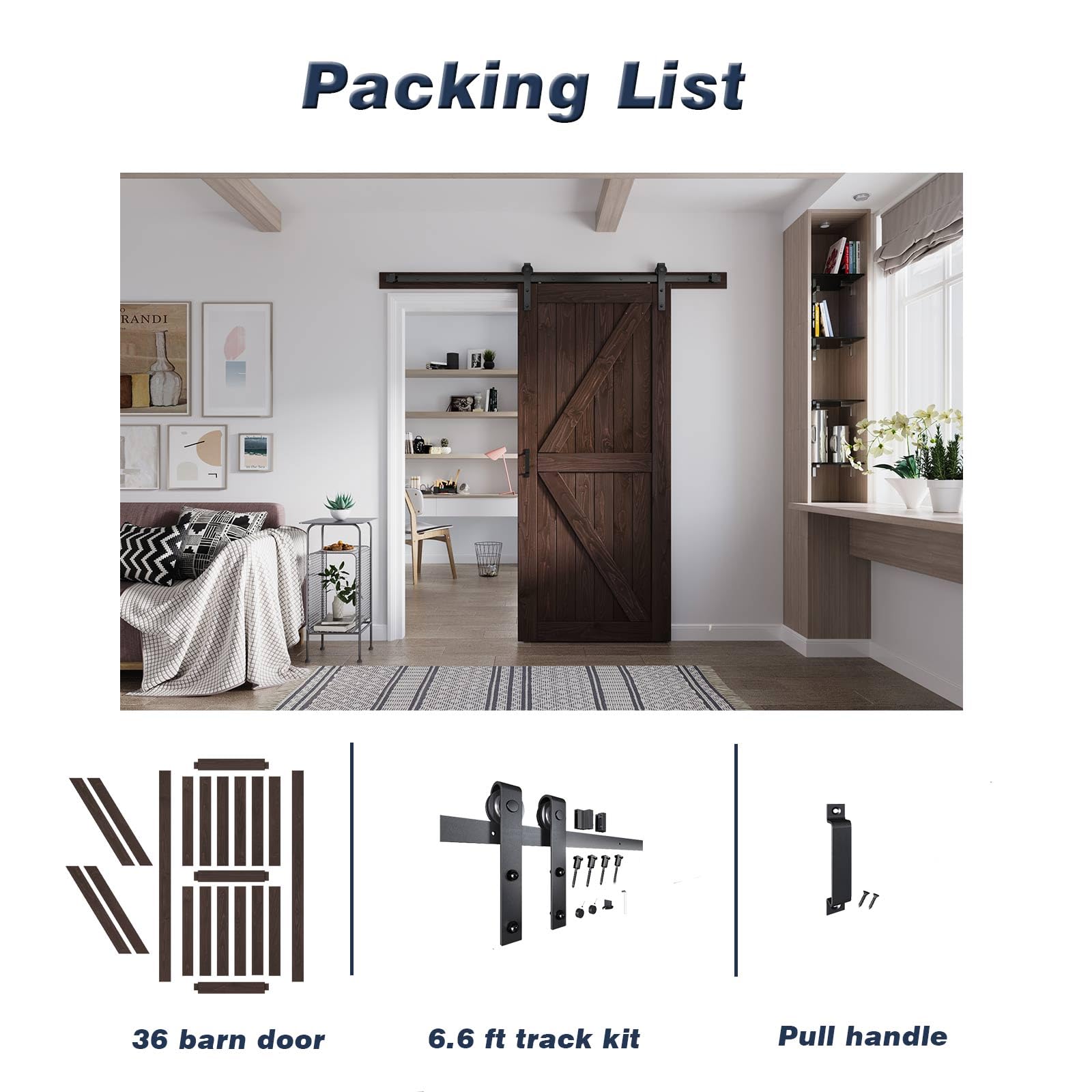 FREDBECK 36in x 84in Brown Barn Door with 6.6ft (79inch) Barn Door Hardware Track Kit and Handle Included, Double Surfaces,Simple Assembly is Required,K-Frame,Coffee