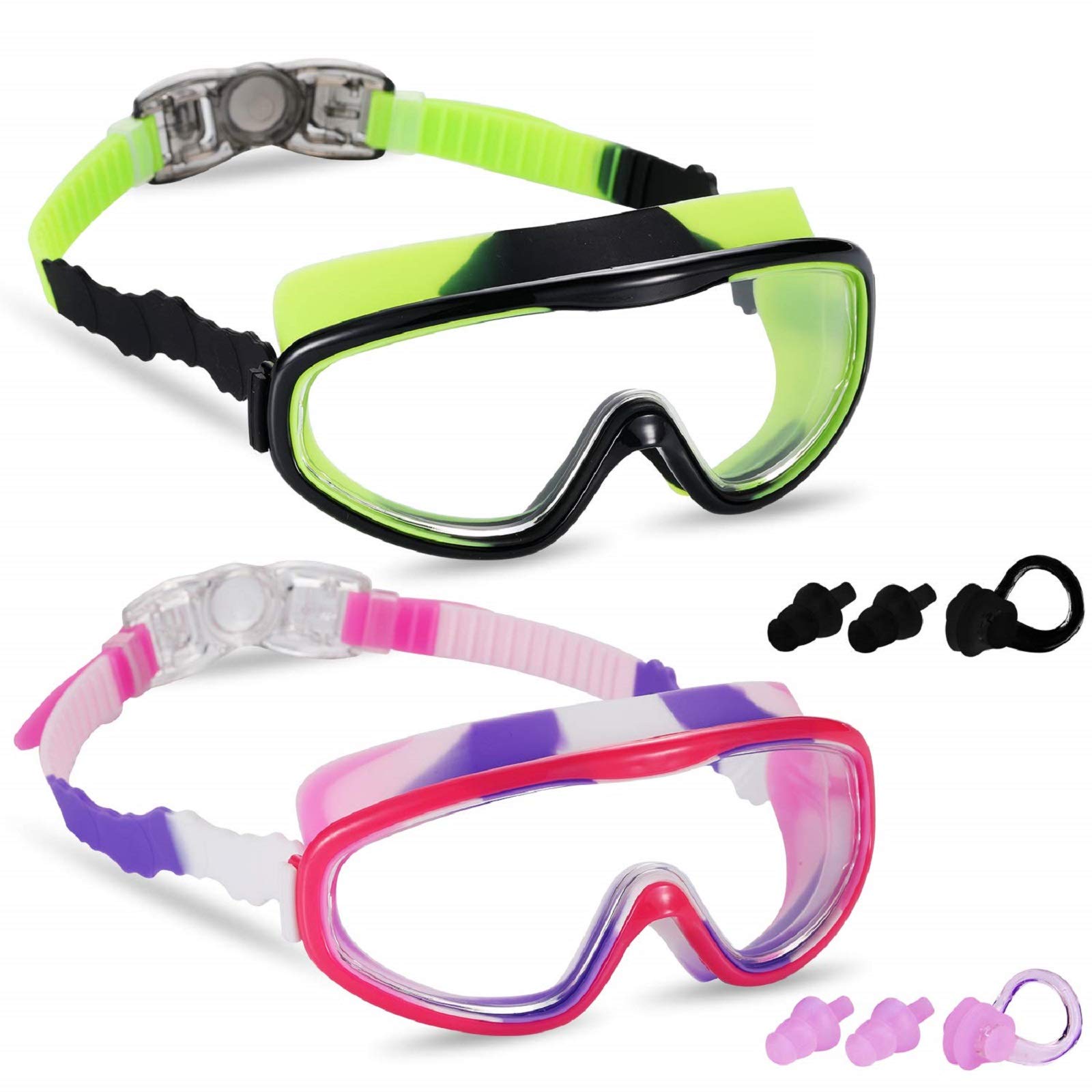 2 Pack Kids Swim Goggles, Swimming Glasses With UV Protection|Anti Fog for Children from 3 to 15 Years Old, Green/Black & Pink/Purple/White