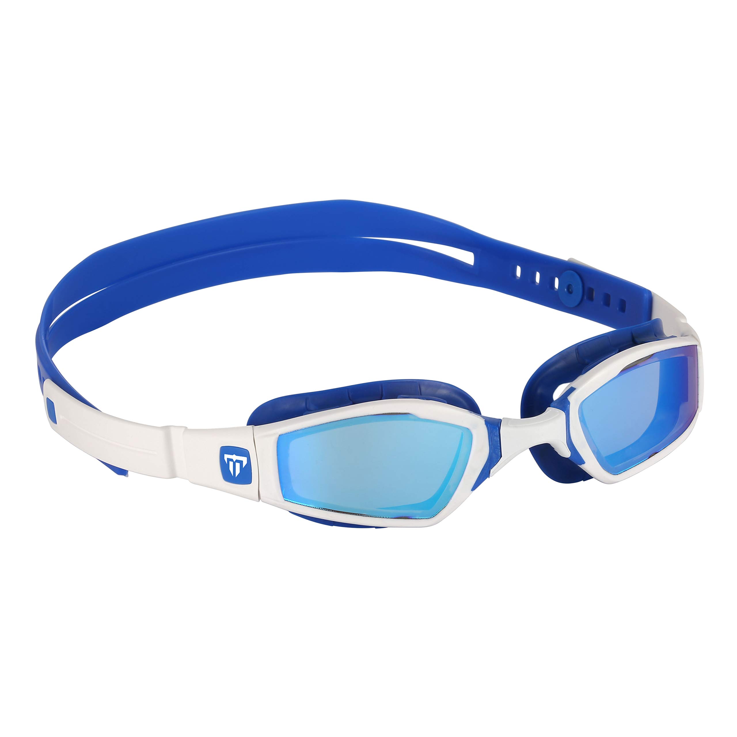 Phelps Ninja Competitive Swim Goggles - Blue Titanium Mirror Lens, White & Blue Frame - Race Fit Strap System, Curved Lens Technology, Anti-Fog, UV Protection