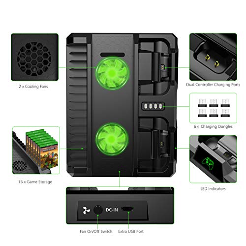 OIVO Cooling Stand for Xbox One/S/X, 2 Cooling Fan, Dual Controller Charging Dock Station with LED Indicators and 15 Game Slots for Xbox One/S/X