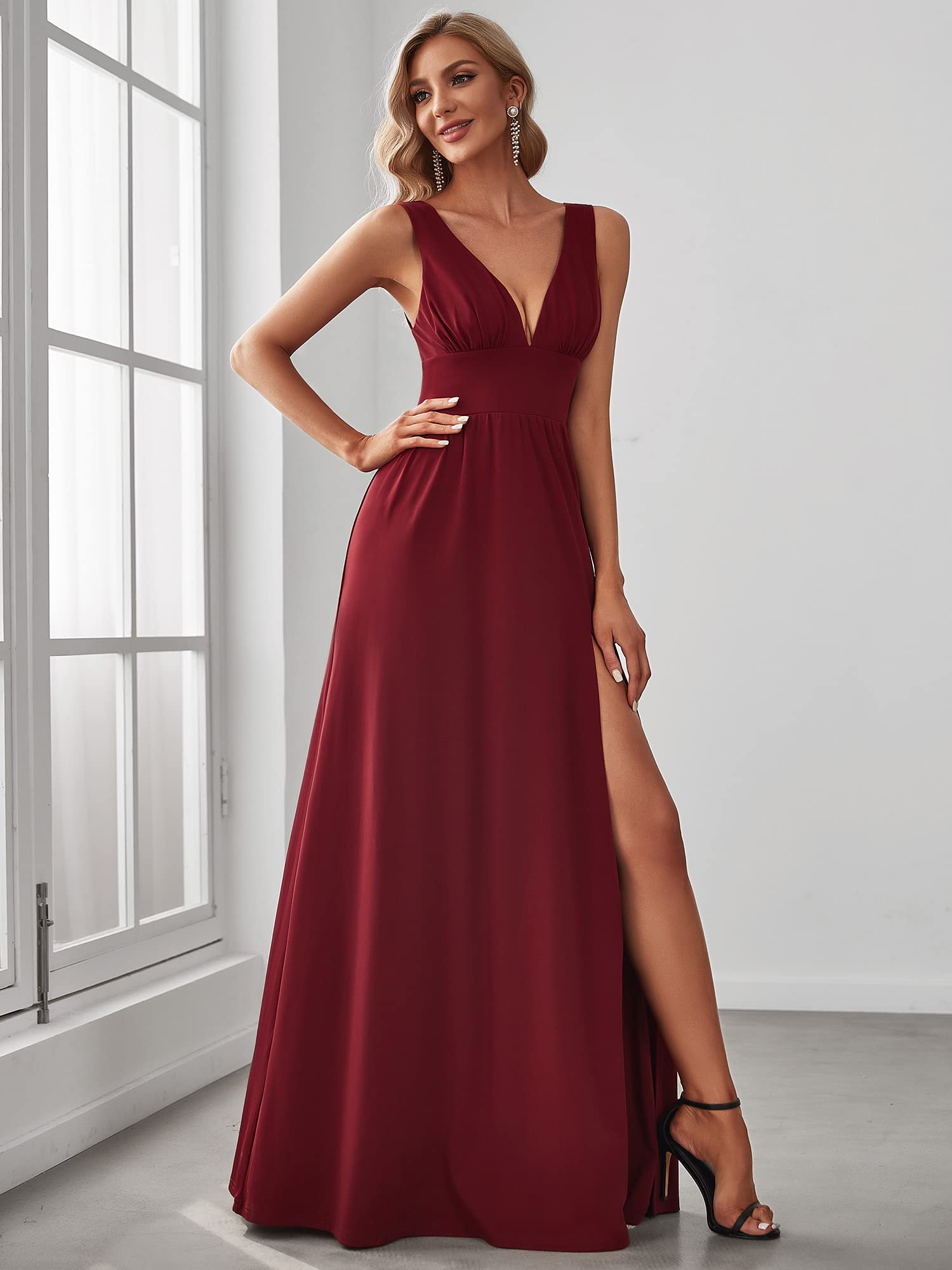 Ever-Pretty Women's Bridesmaid Dresses Deep V-Neck Sleeveless Side Slit Floor Length Wedding Guest Dress Burgundy US6