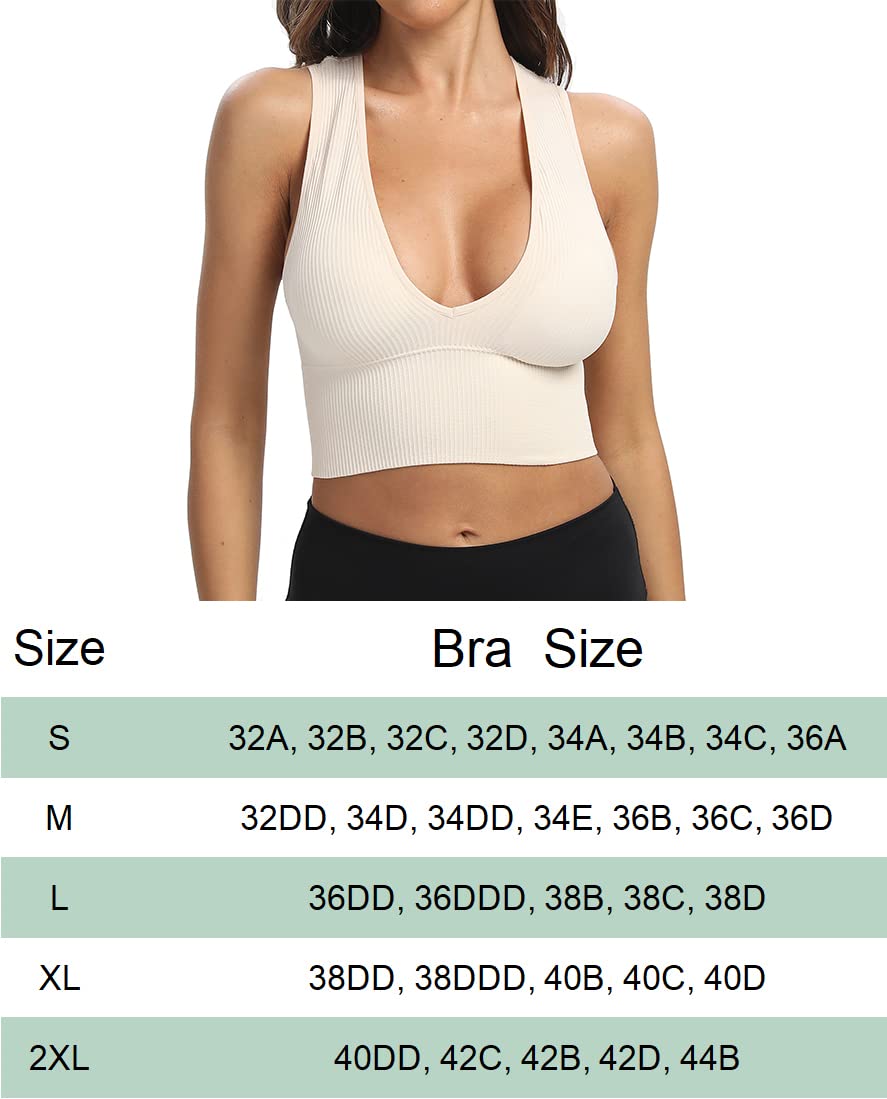 Venbond Women's Sexy Sleeveless Seamless Crop Top Deep Plunge V Neck Ribbed Tank Top with Removable Pads (Light Nude, M)