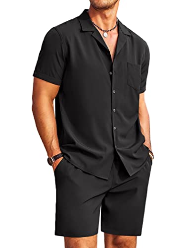 COOFANDY Men's 2 Pieces Shirt Set Short Sleeve Button Down Casual Hippie Holiday Beach T-Shirts Shorts Outfits (Black, Large)