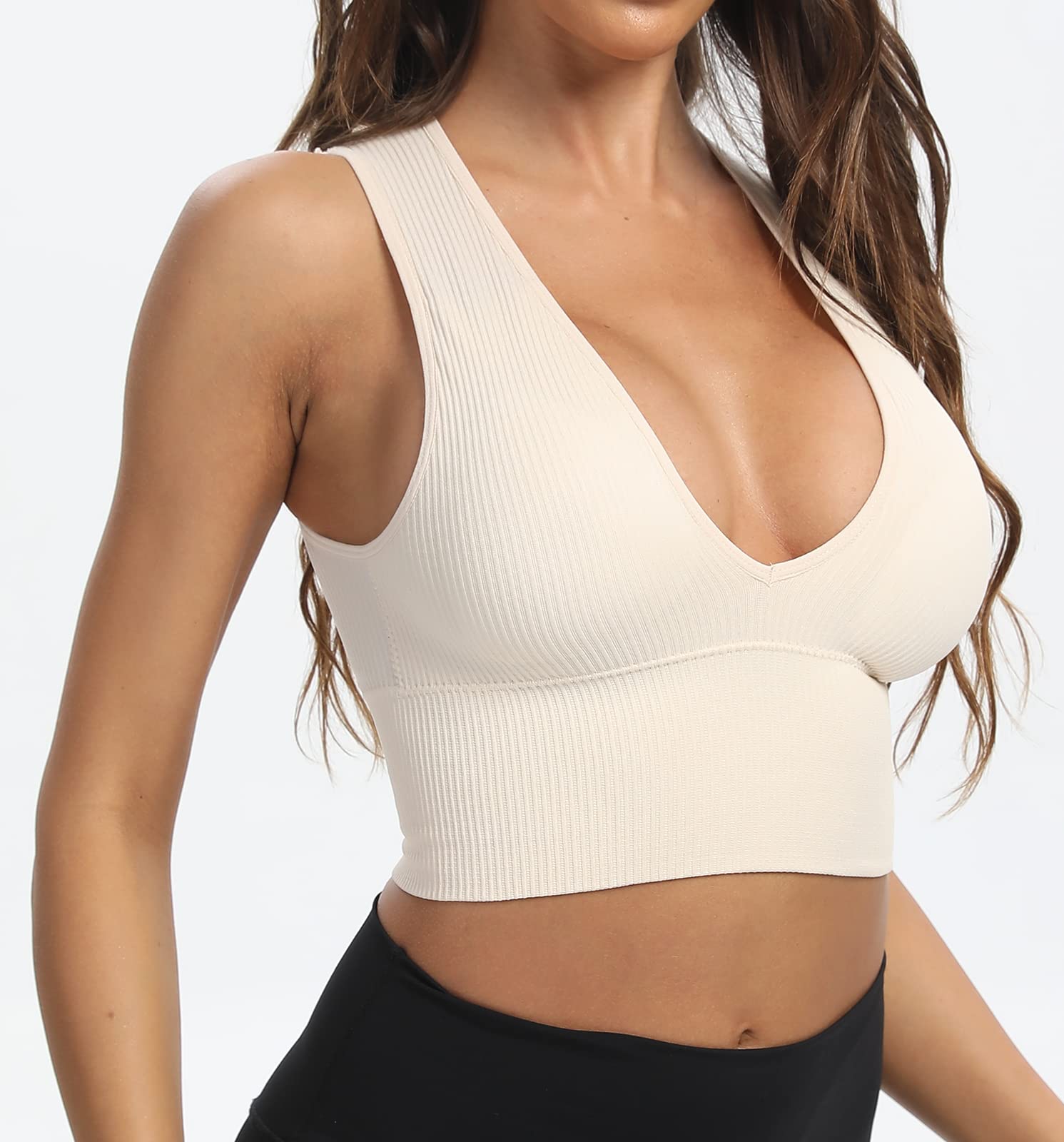 Venbond Women's Sexy Sleeveless Seamless Crop Top Deep Plunge V Neck Ribbed Tank Top with Removable Pads (Light Nude, M)