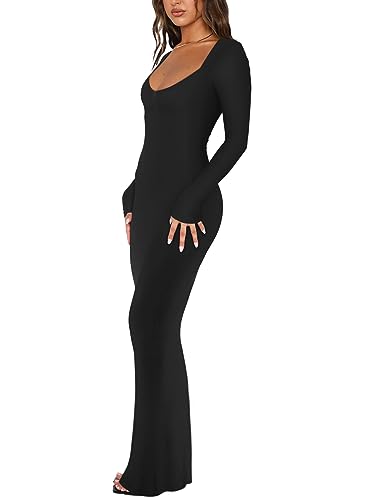 REORIA Women's Sexy Casual V Neck Long Sleeve Lounge Long Dress Elegant Fall Wedding Guest Tight Ribbed Bodycon Maxi Dresses Black Large