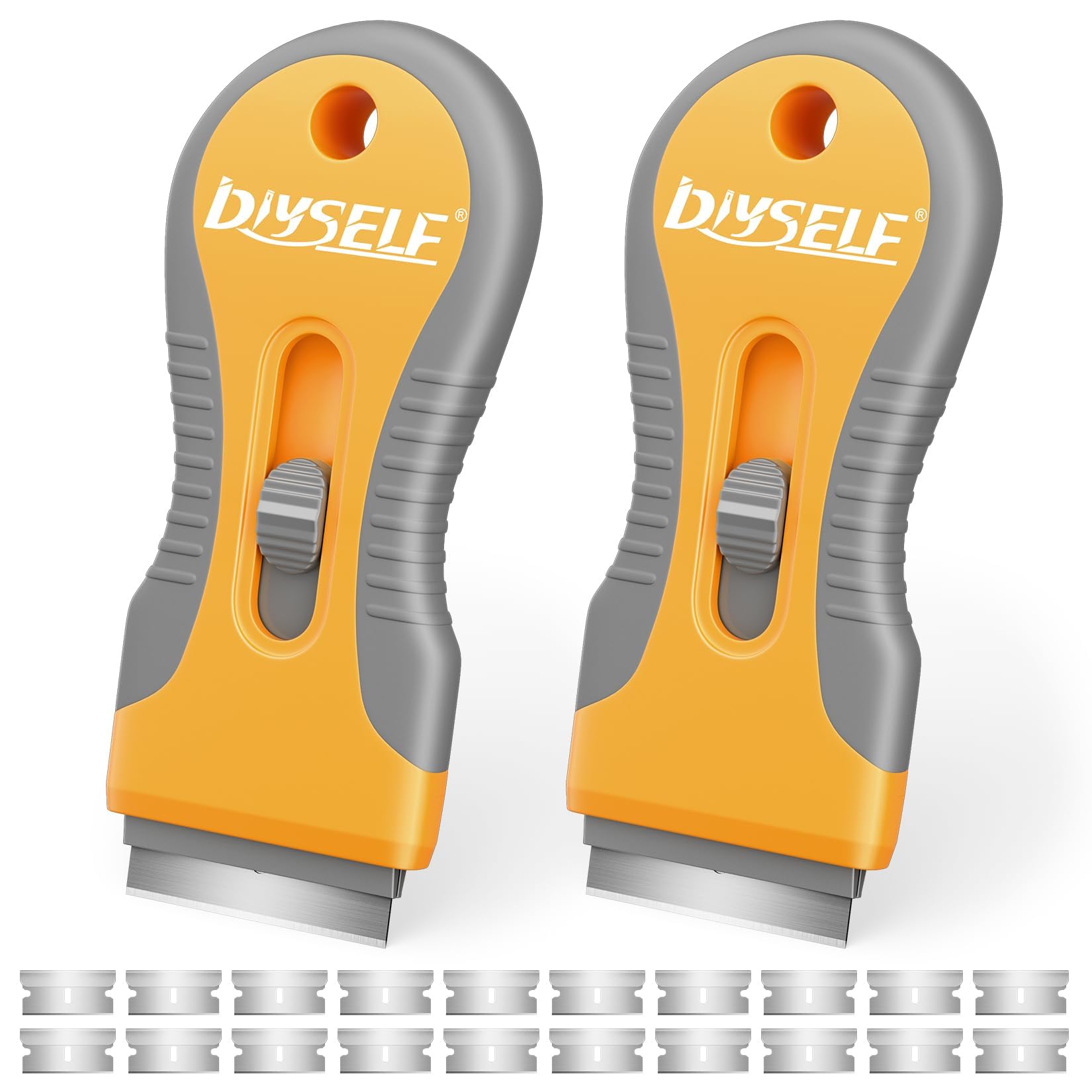 DIYSELF 2 Pack Razor Blade Scraper with 20 Metal Razor Blades, Plastic Scraper for Cleaning, Razor Scraper for Glass Cooktop, Top Stove, Vehicle, Window and Paint, Wallpaper Remover